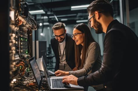 Premium Photo Team Of Young Technicians Working Together On Servers