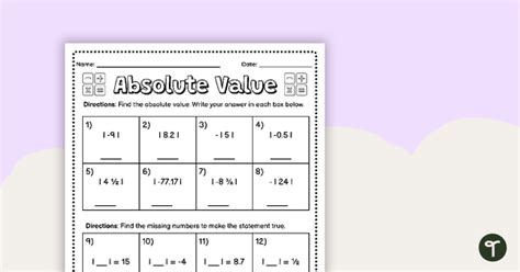 Absolute Value Worksheet Teach Starter