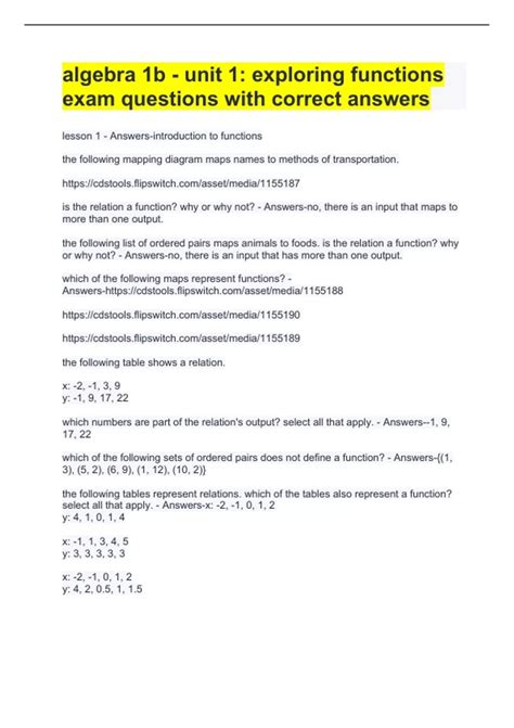 Algebra 1b Unit 1 Exploring Functions Exam Questions With Correct