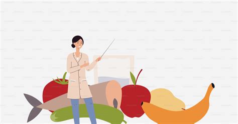 건강한 영양과 다이어트 메뉴 개념 신선한 음식 기호를 배경으로 서 있는 여성 영양사 흰색 배경에 분리된 평면 벡터 그림 벡터 Unsplash의 영양학자 이미지