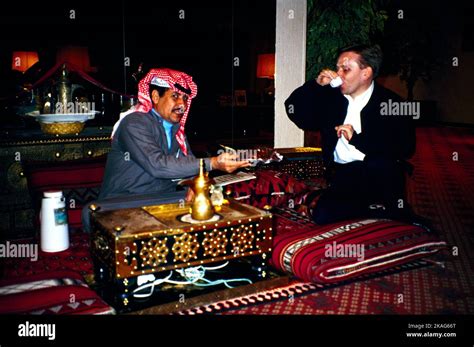 Kuwait Men Drinking Traditional Coffee Local Offering Date To Tourist