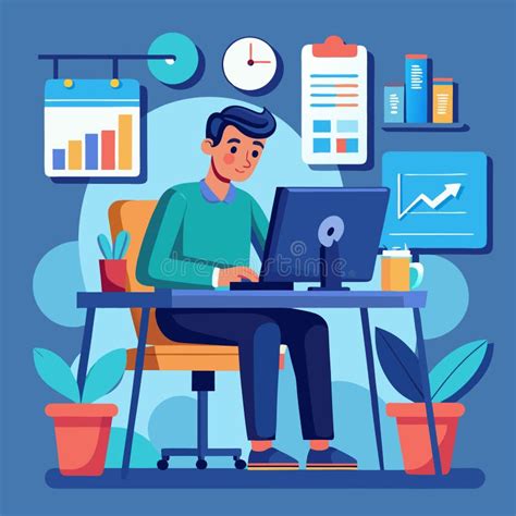 man working on computer at desk with charts and graphs stock vector