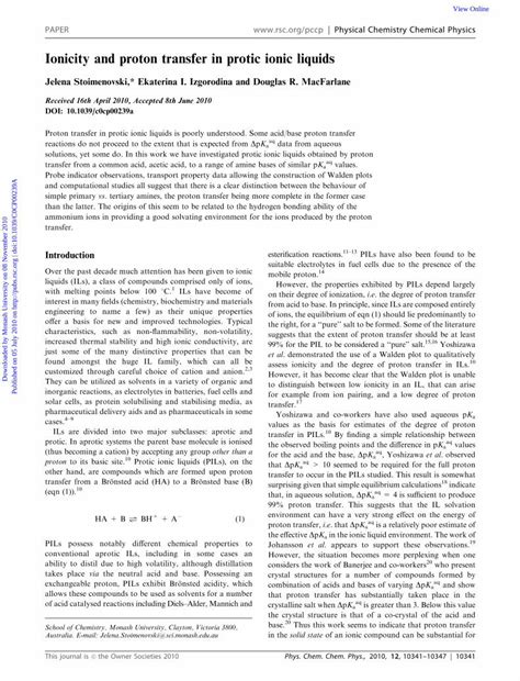 Pdf Ionicity And Proton Transfer In Protic Ionic Liquids · They Can Be Utilized As Solvents In