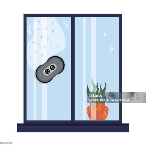 로봇 청소기가 창문을 청소합니다 창문 청소 로봇 로봇 홈 어시스턴트 집 청소 벡터 일러스트 레이 션입니다 가사 집안일에 대한