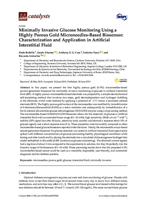 Pdf Minimally Invasive Glucose Monitoring Using A Highly Porous Gold Microneedles Based