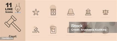 법원 세트 아이콘입니다 망치 보안관 배지 법원 저울 법률 서적 문서 증인석 폴더 파일 사이렌 법률 및 정의 개념 경찰 배지에