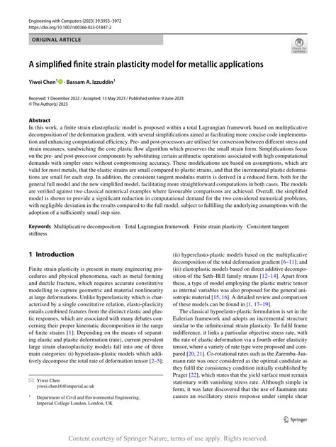 Pdf A Simplified Finite Strain Plasticity Model For Metallic Applications