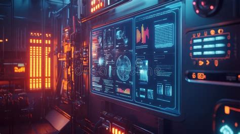 Futuristic Control Room Monitoring Showing Charts And Data Analysis On
