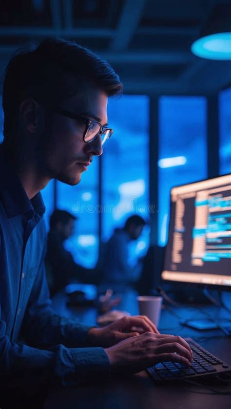 The Blue Glow of a Computer Screen Reflecting Off the Glasses of a Programmer Working Late in a ...