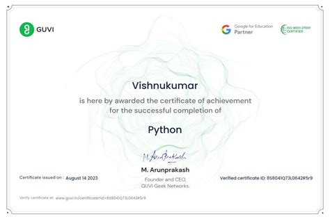 Python Certification Guvi Machinelearning Artificialintelligence Vishnu Kumar K