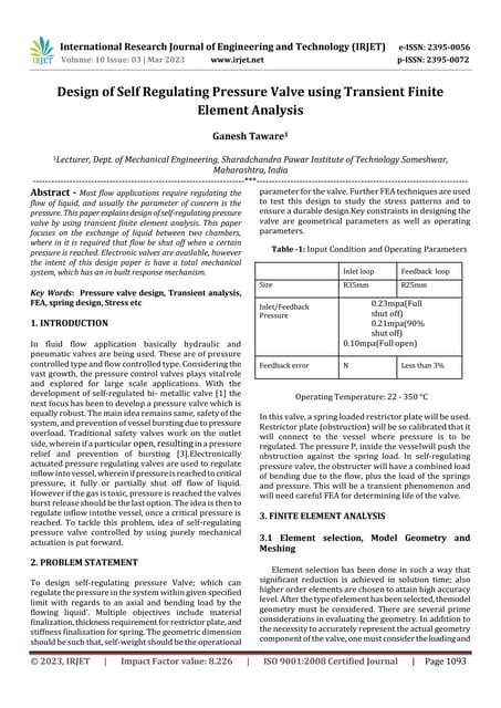 design of self regulating pressure valve using transient finite element