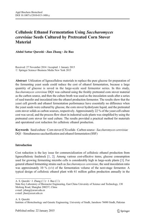 Pdf Cellulosic Ethanol Fermentation Using Saccharomyces Cerevisiae Seeds Cultured By