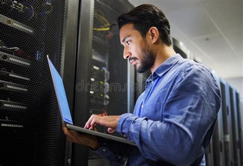 Laptop Maintenance Or Serious It Woman In Server Room For Research