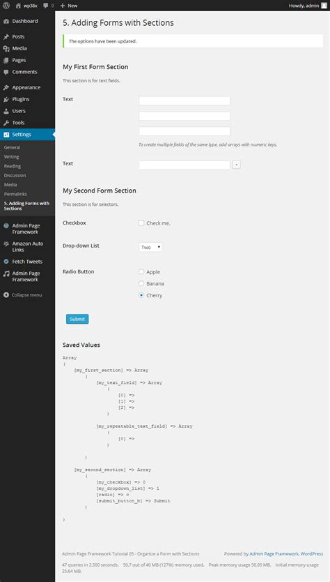 organize a form with sections with admin page framework