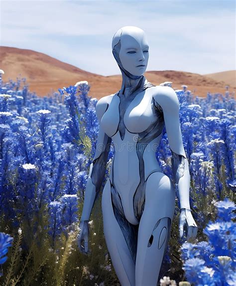 Robot Girl In A Field Of Blue Flowers Ai Generative Stock Illustration