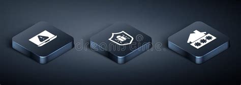 Set Isometric Laptop With Exclamation Mark House Password And System Bug Icon Vector Stock