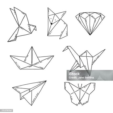 종이 접기 피규어 세트 크레인 비행기 보트 종이로 접힌 모양입니다 낙서 드로잉에 대한 스톡 벡터 아트 및 기타 이미지 낙서