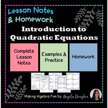 Quadratic Equations Introduction Lesson Notes Homework TpT