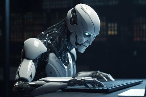 Premium Ai Image A Robot Sits At A Desk With A Computer Screen Desk