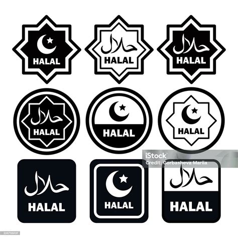 할랄 푸드 스탬프 세트 할랄 제품을 위한 9가지 요소 아랍어 문자 초승달 및 별이 있는 아이콘 각 요소는 격리되어 있습니다 로고 상징 스티커 우표에 대 한 벡터 일러스트