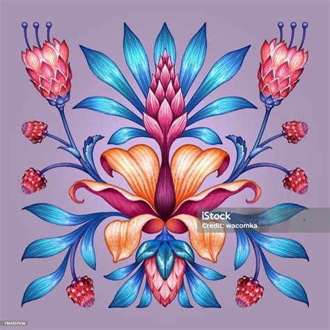 보라색 배경에 고립 된 핑크 블루 꽃 민족 꽃 장식 민속 모티프 식물 수장 디자인 전통 자수 패턴 보헤미안 패션 프린트 열대 수채화 일러스트 0명에 대한 스톡 벡터 아트 및