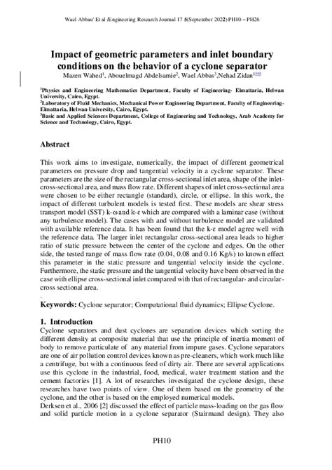 Pdf Impact Of Geometric Parameters And Inlet Boundary Conditions On The Behavior Of A Cyclone