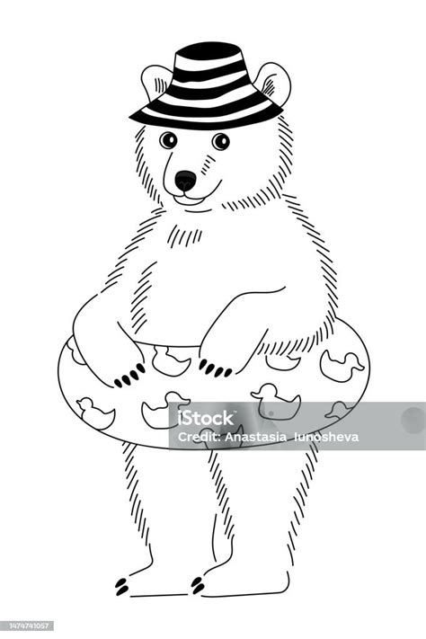 파나마 모자를 쓰고 해변에서 수영하는 재미있는 귀여운 곰 벡터 손으로 그린 선 그림입니다 파나마 모자에 대한 스톡 벡터 아트 및 기타 이미지 Istock