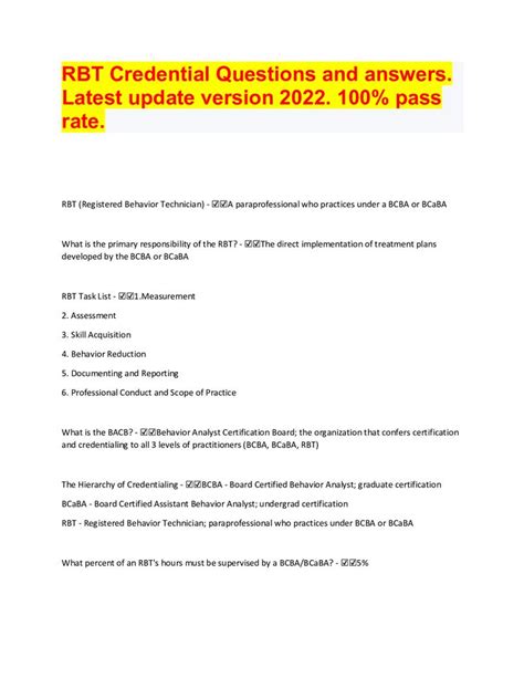 RBT Credential Questions And Answers Latest Update Version Pass Rate Question And