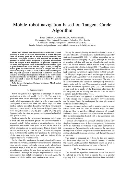 Pdf Mobile Robot Navigation Based On Tangent Circle Algorithm