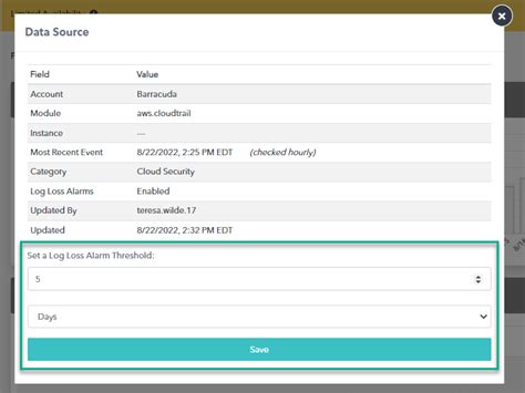 setting up log loss alarms on the data sources page barracuda campus