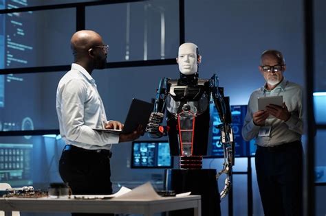 Premium Photo Engineers Programming Robot With Gadgets