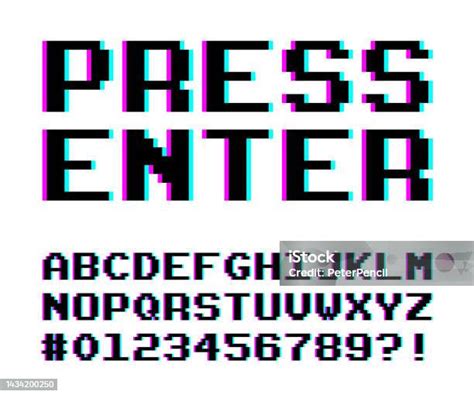 픽셀 알파벳 문자와 숫자 픽셀 아트 글꼴 글리치 효과 벡터 일러스트 레이 션 게이머에 대한 스톡 벡터 아트 및 기타 이미지