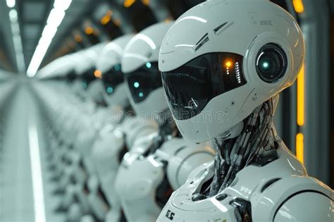 humanoid robots stand in line awaiting deployment after manufacture in