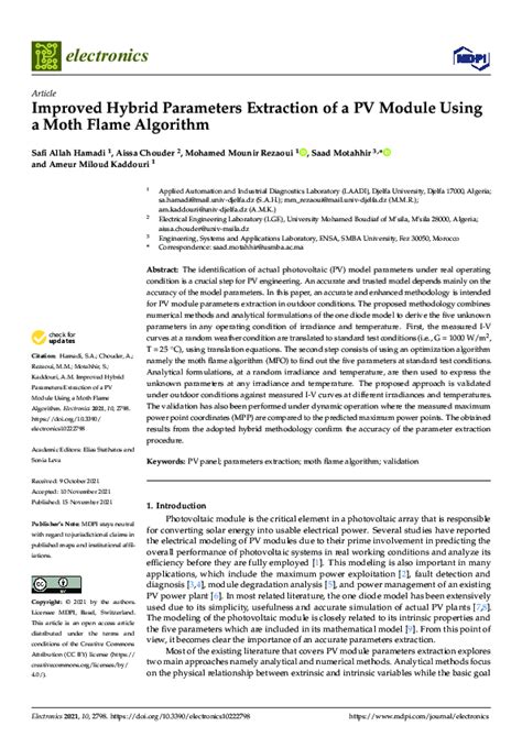 pdf improved hybrid parameters extraction of a pv module using a moth