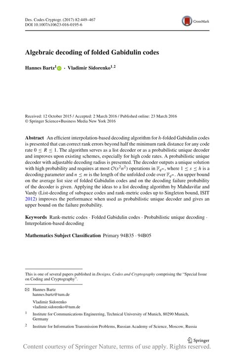 Algebraic Decoding Of Folded Gabidulin Codes Request Pdf