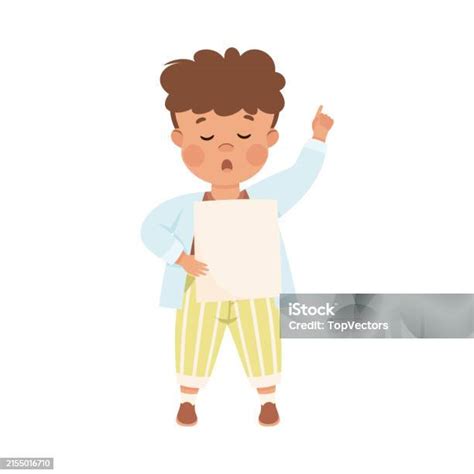어린 소년 캐릭터 서 있는 와 이야기 또는 낭송 시 에서 종이 벡터 일러스트 감정에 대한 스톡 벡터 아트 및 기타 이미지 Istock