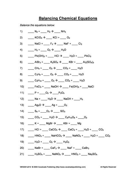 Worksheet On Balancing Chemical Equations Printable Pdf Template