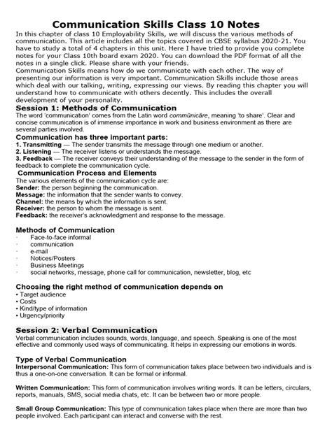 Communication Skills Class 10 Notes Pdf Pdf