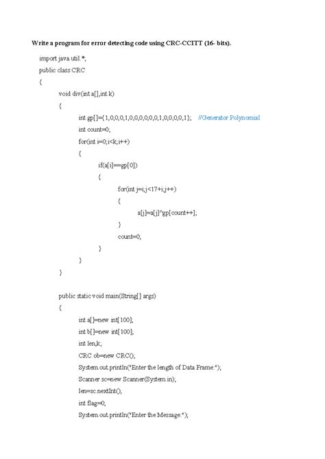 Crc Cn Lab Programs Write A Program For Error Detecting Code Using