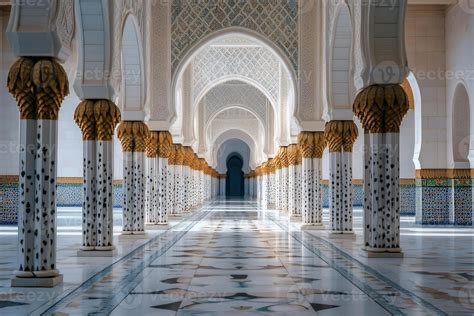 Ornate Columns And Arches Inside Hassan Ii Mosque Showcasing Islamic