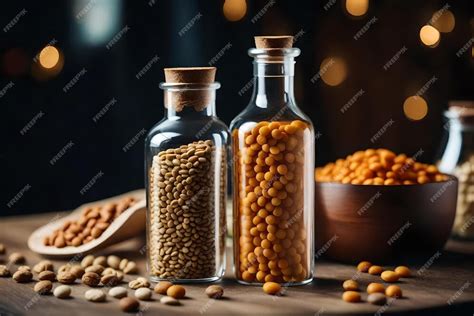 Premium Ai Image A Bottle Of Beans With A Bowl Of Beans On The Table