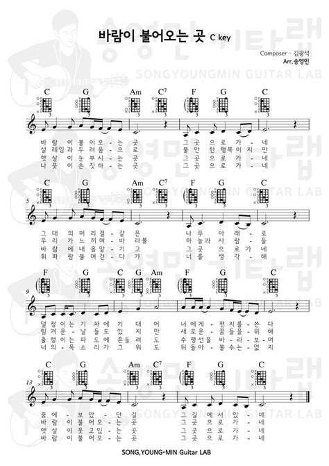 1 바람이 불어오는 곳 고 김광석 님 악보 쉬움버젼 잠실기타학원 네이버 블로그