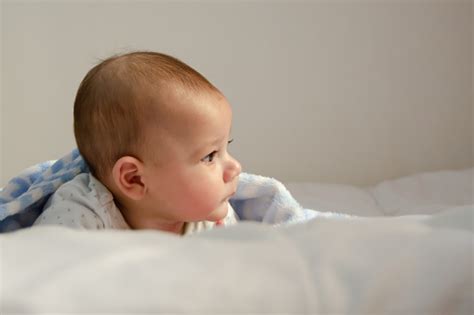 파란색 담요로 덮여 흰색 퀼트에 배 시간을 가진 귀여운 4 개월 오래 된 아기 소년 거실에 대한 스톡 사진 및 기타 이미지 거실 귀여운 기어가기 Istock