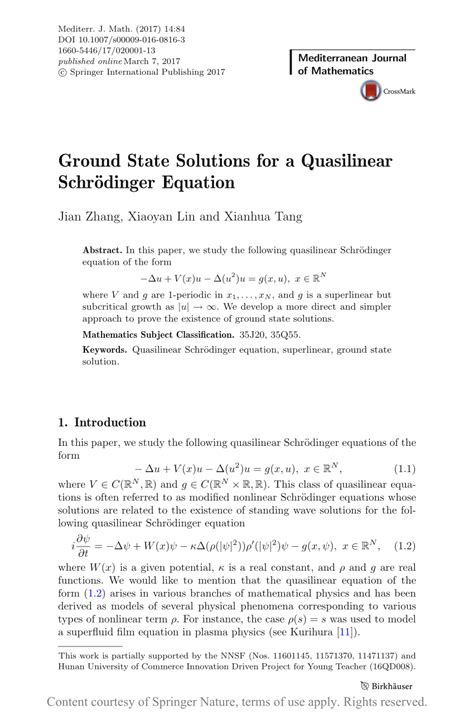Ground State Solutions For A Quasilinear Schrödinger Equation Request Pdf