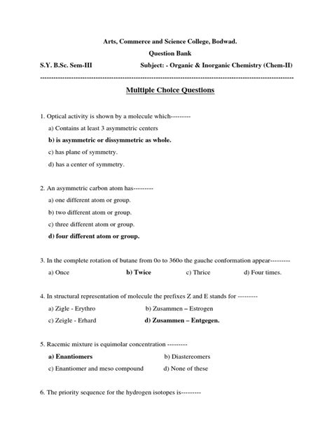Chemistry Multiple Choice Questions Pdf Conformational Isomerism Chemical Substances