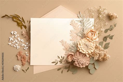Invitation Card Blank Mock Up Bohemian Trendy Chic Background Pattern With Botanical Floral