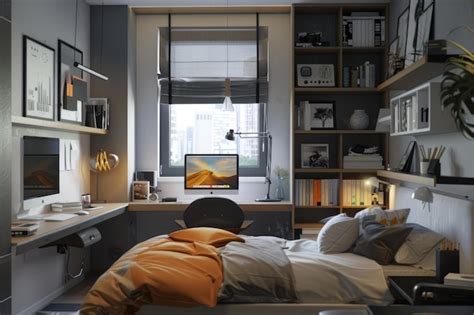 Premium Photo A Bedroom With A Bed Desk Bookshelf And A Tv