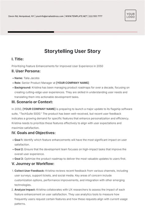 Free Storytelling User Story Template To Edit Online
