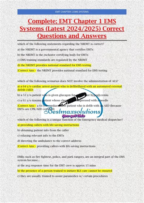Complete EMT Chapter EMS Systems Latest Correct Questions And Answers EMT