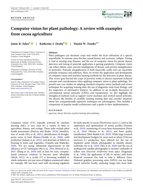 Pdf Computer Vision For Plant Pathology A Review With Examples From Cocoa Agriculture